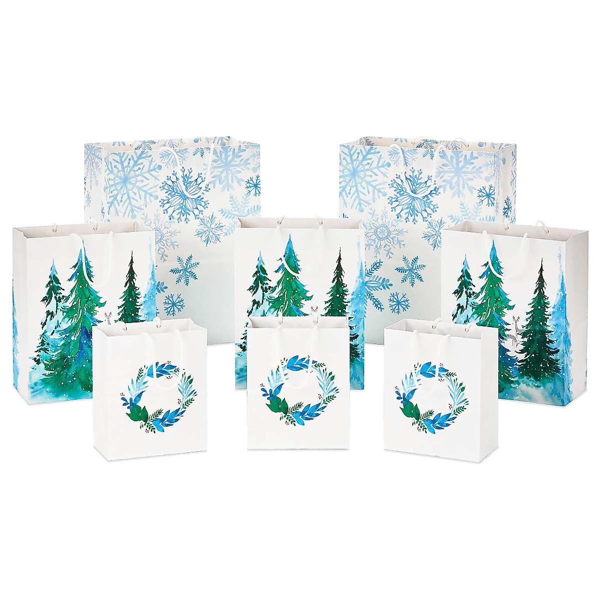 Hallmark Christmas Gift Bags - White with Wreaths, Snowflakes and Trees (8 Recyclable Bags: 3 Small 6", 3 Medium 9", 2 Large 13") for Holiday Parties, Hanukkah, Winter Weddings