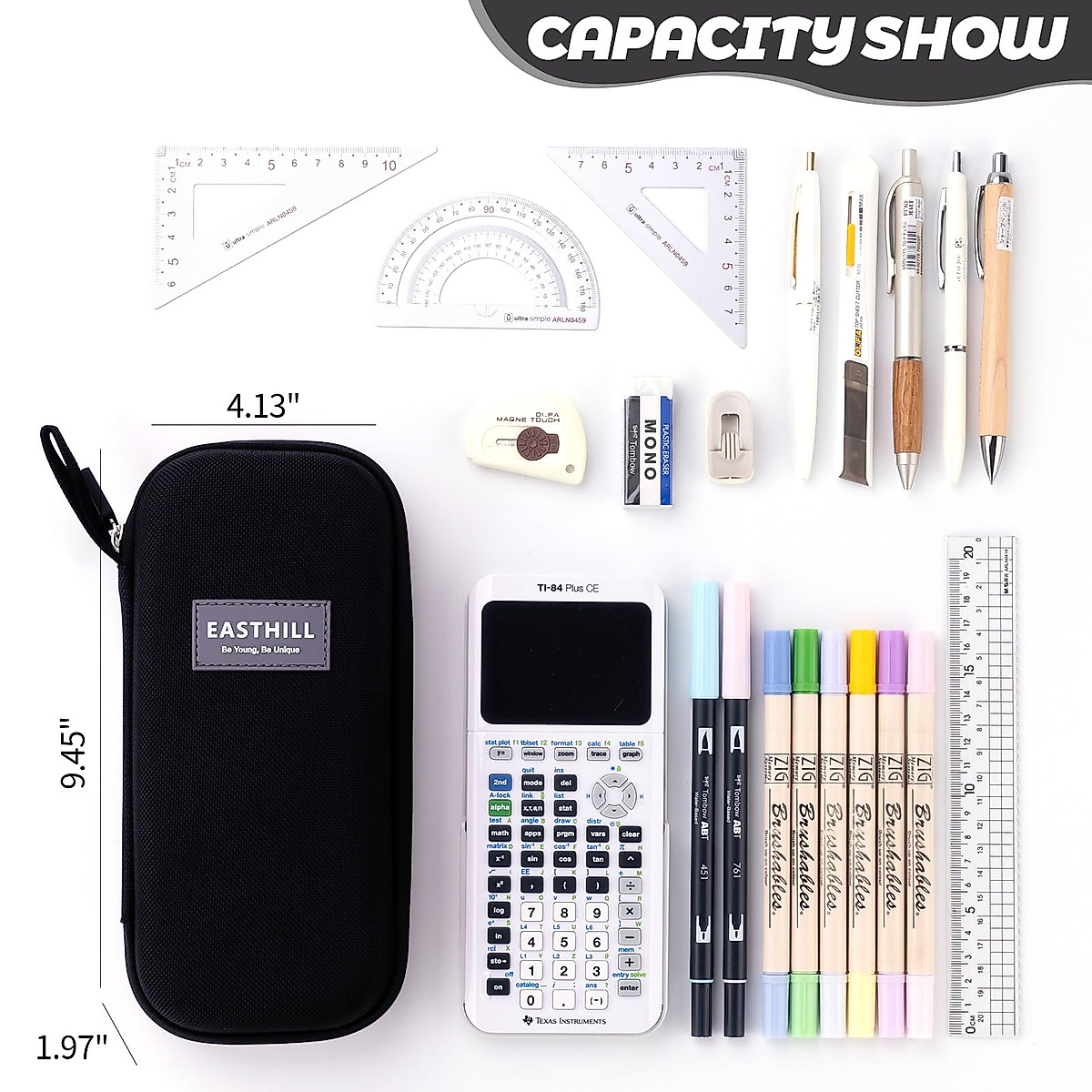 EASTHILL Hard Large Capacity Pencil Case Box, Durable Pen Pouch Bag with Zipper Compartments for Office Organizer Adluts-Black