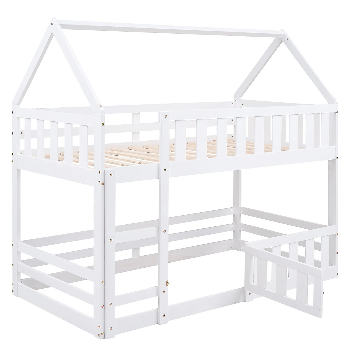 SOFTSEA Twin Over Twin House Bunk Bed, Floor Low Bunk Bed with Fence and Door, Wood Bunk Bed Frame with Guardrails and Ladder, Twin Size House Shaped Bunk Bed for Kids, No Box Spring Needed, White