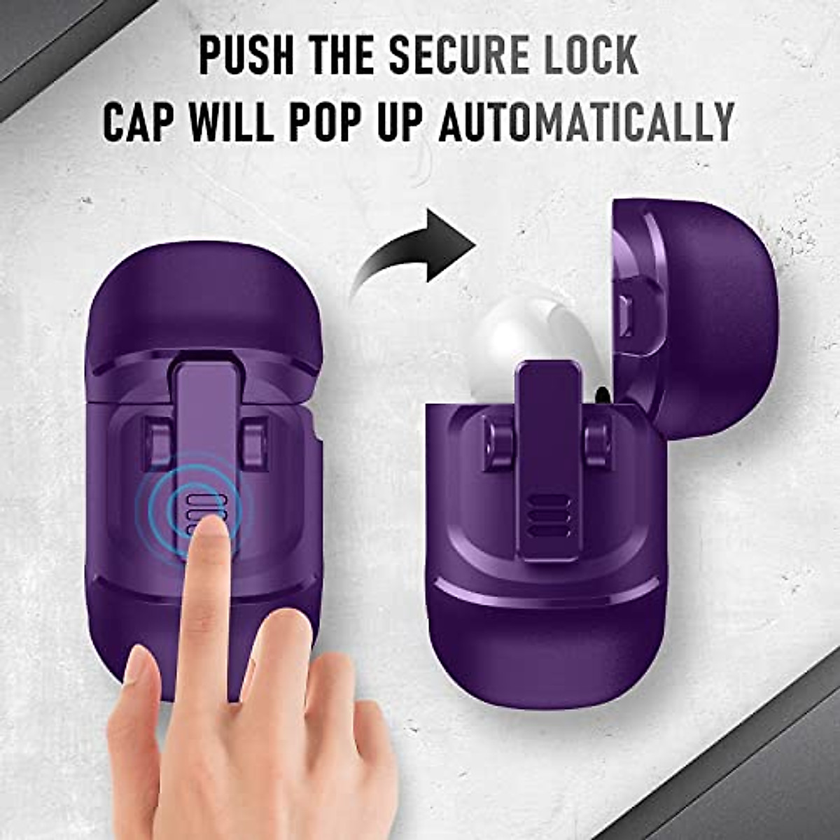 Maxjoy Compatible with AirPods Pro Case, Carbon Fiber Secure Lock Clip Full Body Shockproof Hard Shell Protective Case Cover with Keychain for AirPod Pro (2019), Purple