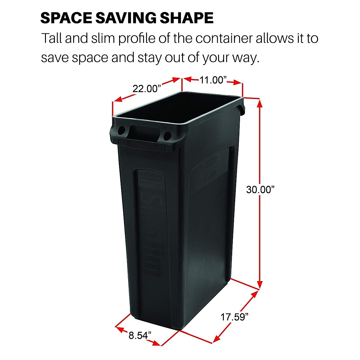 Rubbermaid Commercial Products Slim Jim Plastic Rectangular Trash/Garbage Can With Venting Channels, for Kitchen, Office, Workspace, 23 Gallon, Black - FG354060BLA