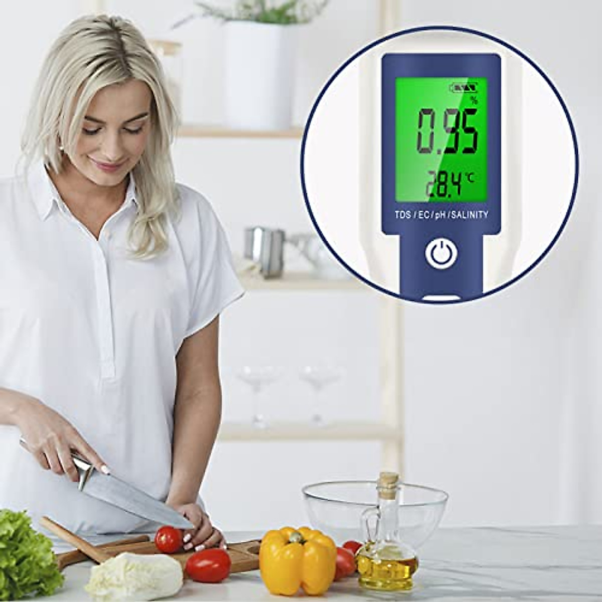 Water Quality Tester, PH Salinity Temp TDS EC Automatic Calibration Digital Water Detector IP67 Waterproof for Aquarium