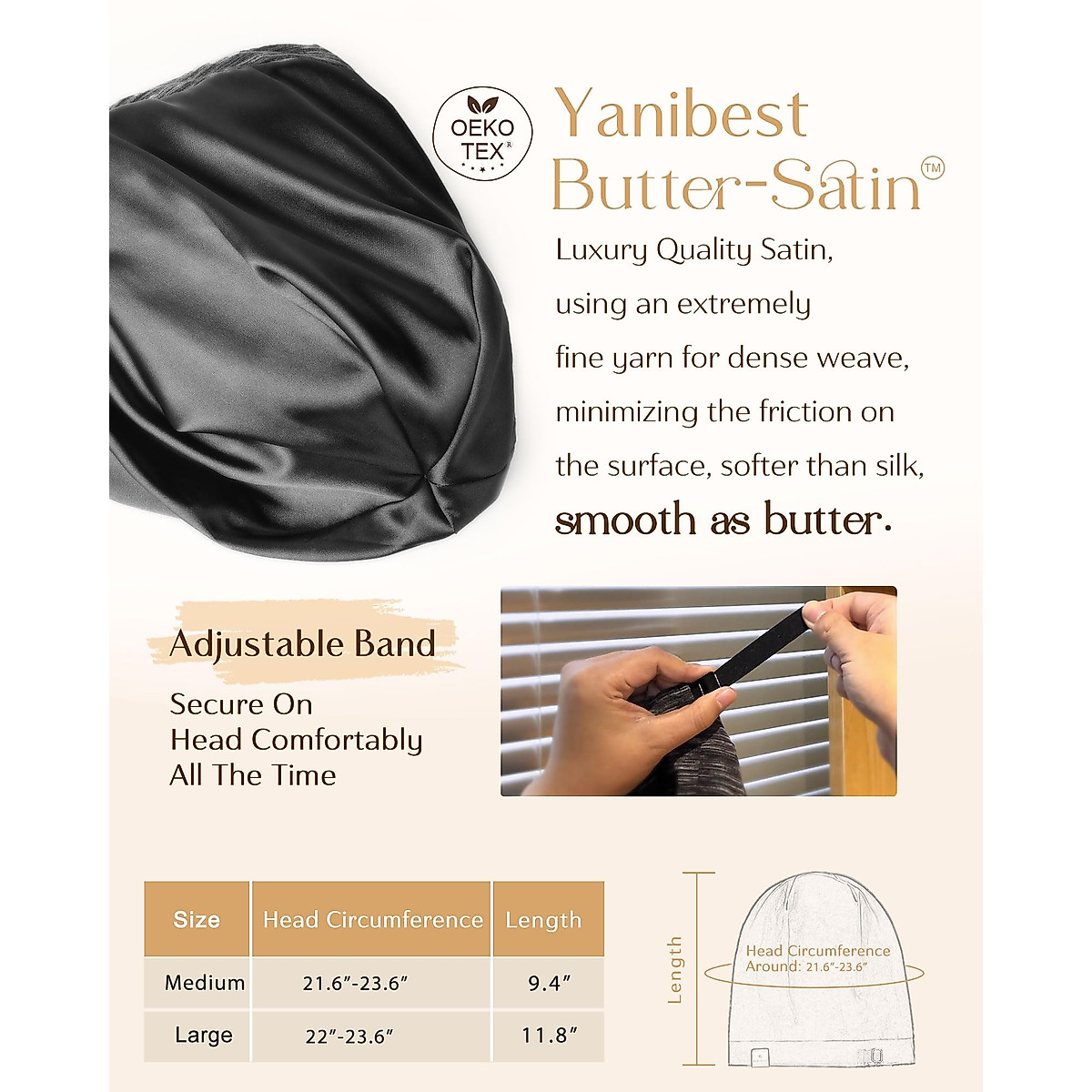YANIBEST Silk Satin Bonnet Hair Wrap for Sleeping - Adjustable Stay on Silk Lined Slouchy Beanie Hat for Curly Hair and Braids