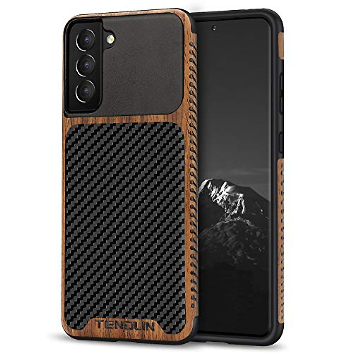 TENDLIN Compatible with Samsung Galaxy S21 Case Wood Grain with Carbon Fiber Texture Design Leather Hybrid Case Black