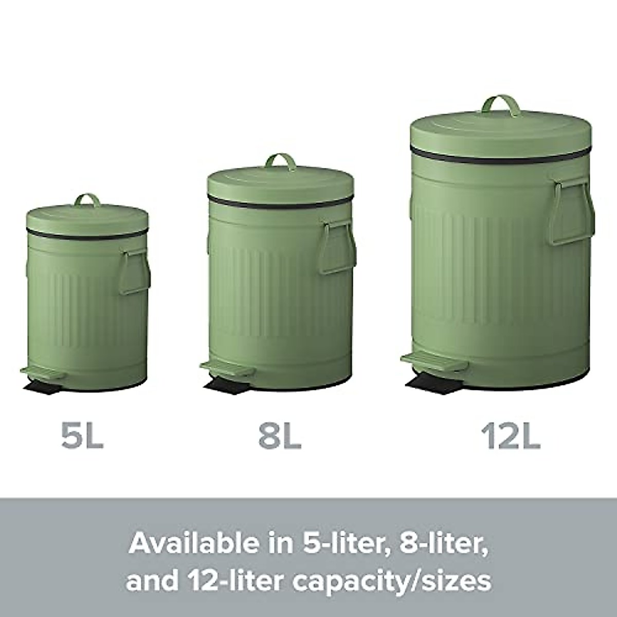 Retro Trash Can with Lid - 5L/1.3 Gal Step Trash Can w/ Soft Closing Lid - Round Garbage Can w/ Handles - Touchless Trash Can w/ Removable Garbage Guard Bucket - Outdoor Garbage Bin - Small Trash Can, Green