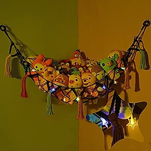KanYool Stuffed Animal Net or Hammock, Boho Net Hammock for Stuffed Animals with Led Lights Wall Corner Storage Hanging Plush Toy Net with Tassels Teddy Bear Net Black