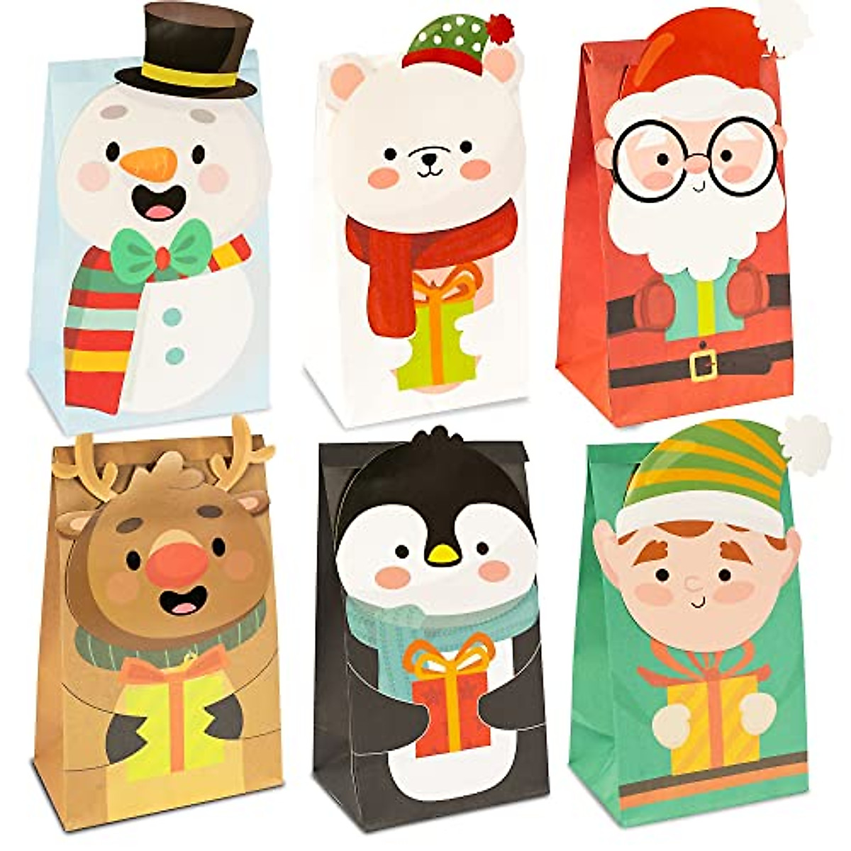 Uptotop Christmas Candy Bags, 24 Pack 2D Christmas Treat Bags with 6 Assorted Designs, Xmas Kraft Paper Bags for Holiday Cookie Candy Party Favor Supplies Decor