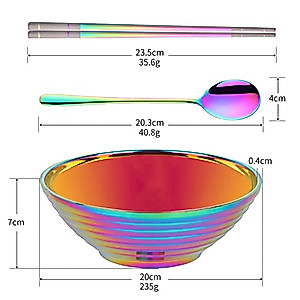 TUPMFG Ramen Noodle Bowl Sets: Stainless Steel Korean Bowls Large Metal Pho Soup Bowl with Chopsticks and Spoons Rainbow 2PCS