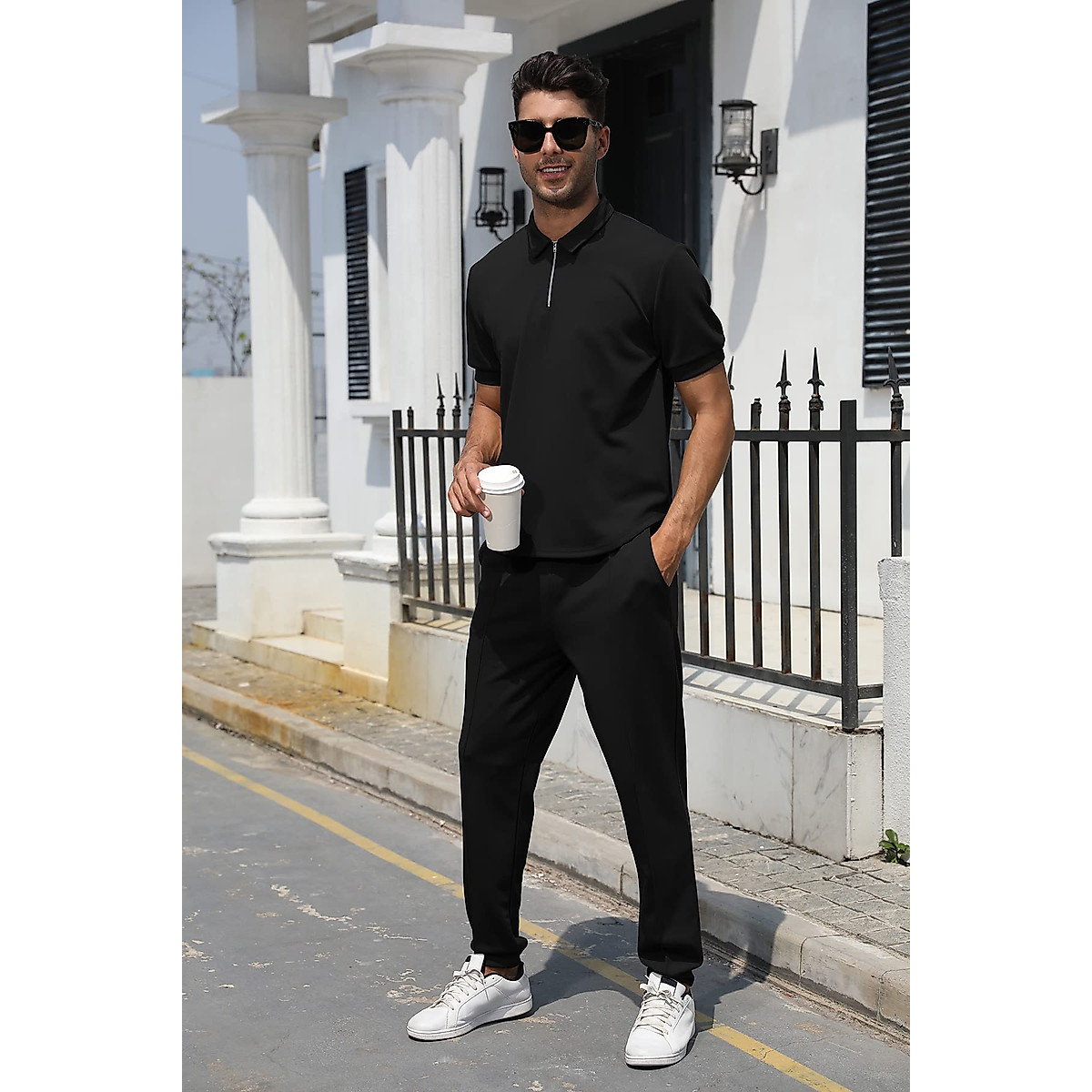 FZNHQL Men's Casual Tracksuit Polo Sets Long Sleeve Sweatshirt Jogger Sweatpants Zip Polo Golf Sports 2pcs Running Jogging Sports Top and Pants Fashion Gift Black XL