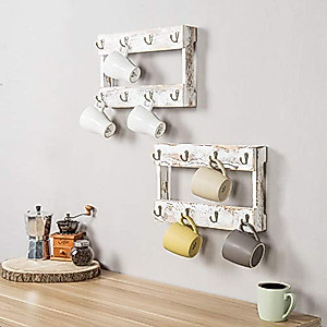 MyGift Wall Mounted Whitewashed Wood Coffee Mug Holder Rack with 8 Hooks, Coffee Bar Accessories Wall Decor, Tea Cup Hanging Rack, Set of 2