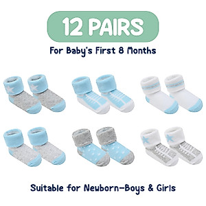 Organic Baby Socks 0-6 Months - 12 Pairs, Cotton Infant Socks, Unisex, Soft & Hypoallergenic Newborn Socks, (US, Age, 0 Months, 6 Months, 12, Blue - Gray - White)