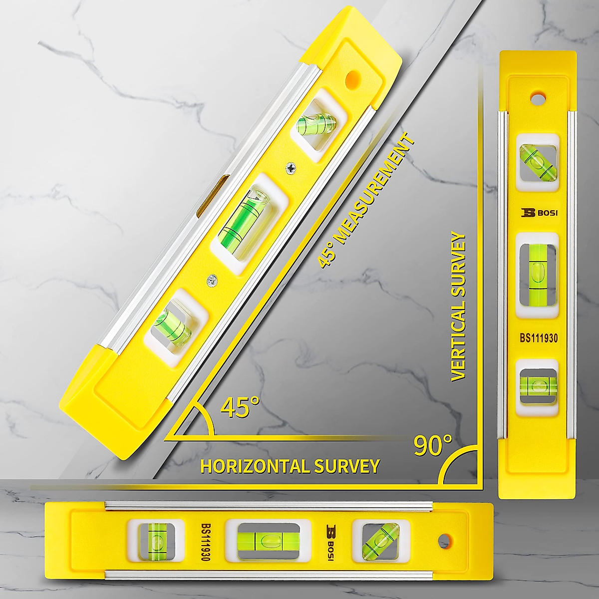B BOSI TOOLS 9 Inch Magnetic Torpedo Level, Magnetic Box Level 45°/90°/180° Bubbles, Small Level Tool for Measuring