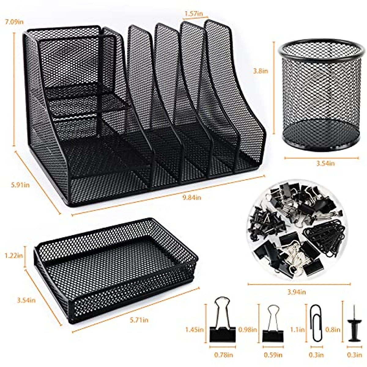 Desk Organizers and Accessories, Mesh Desk Organizer with Sliding Drawer + Pen Holder/72 Clips Set, 4 Vertical File Organizer to Collect Office Supplies, Black Desk Organizers for Home, Office, School