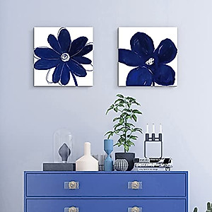 Creoate Navy Blue Wall Art for Bathroom Decor, 2 Pieces Abstract Flower Painting Canvas Print Artwork Framed Set Blue and white Wall Decor for Bedroom…