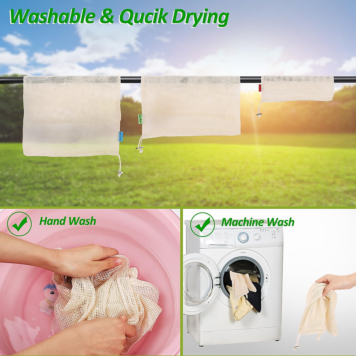 Reusable-Cotton-Mesh-Produce-shopping-Bags-Washable Eco Friendly Premium See Through Lightweight Net zero Bulk Bags for Veggie Fruit Vegetable Grocery Storage ( 9 Packs )