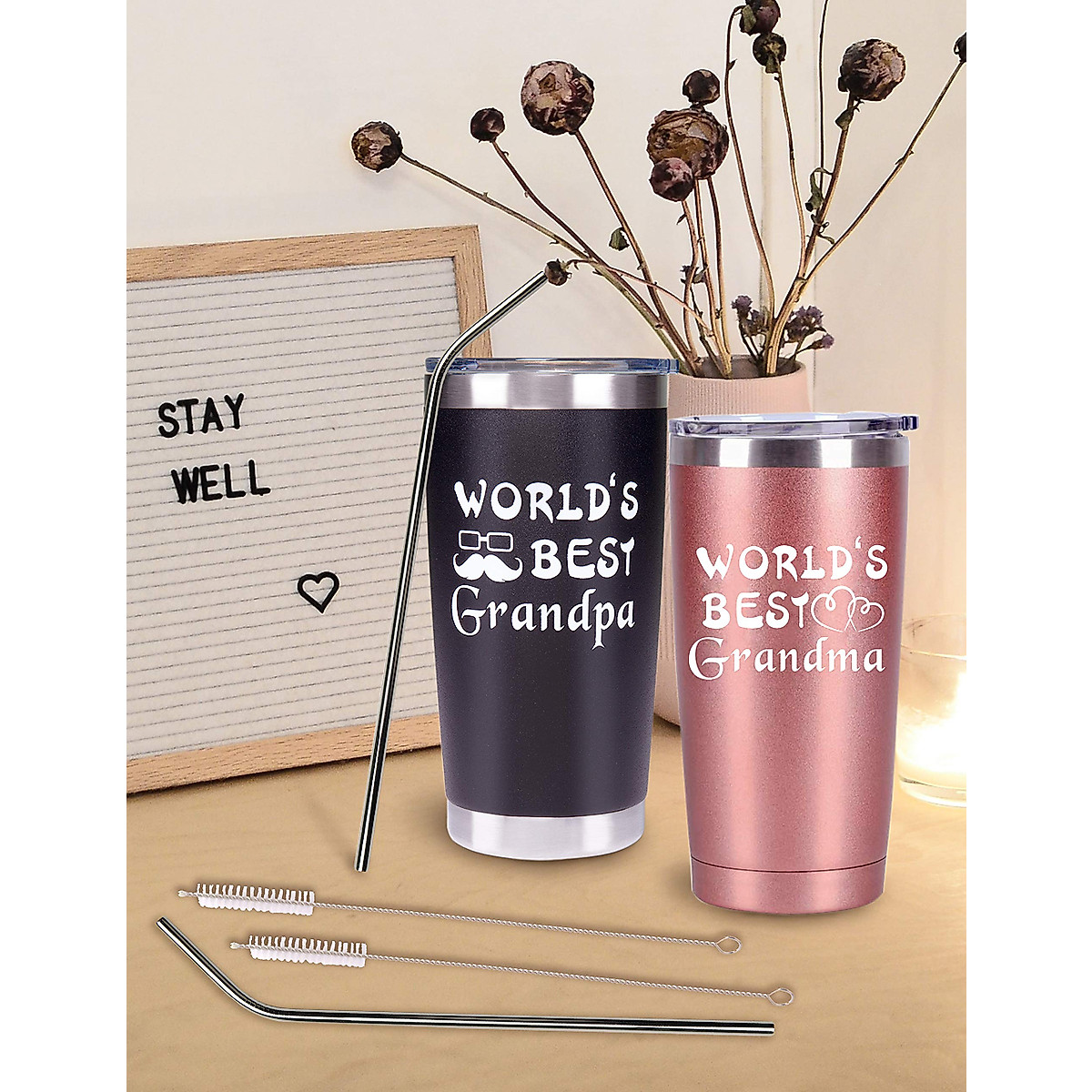 EBE EmmasbyEmma Stainless Steel Grandparents Gift Set, 20 oz Tumbler for Grandma & Grandpa, Rose Gold & Black, Includes Straw & Brush
