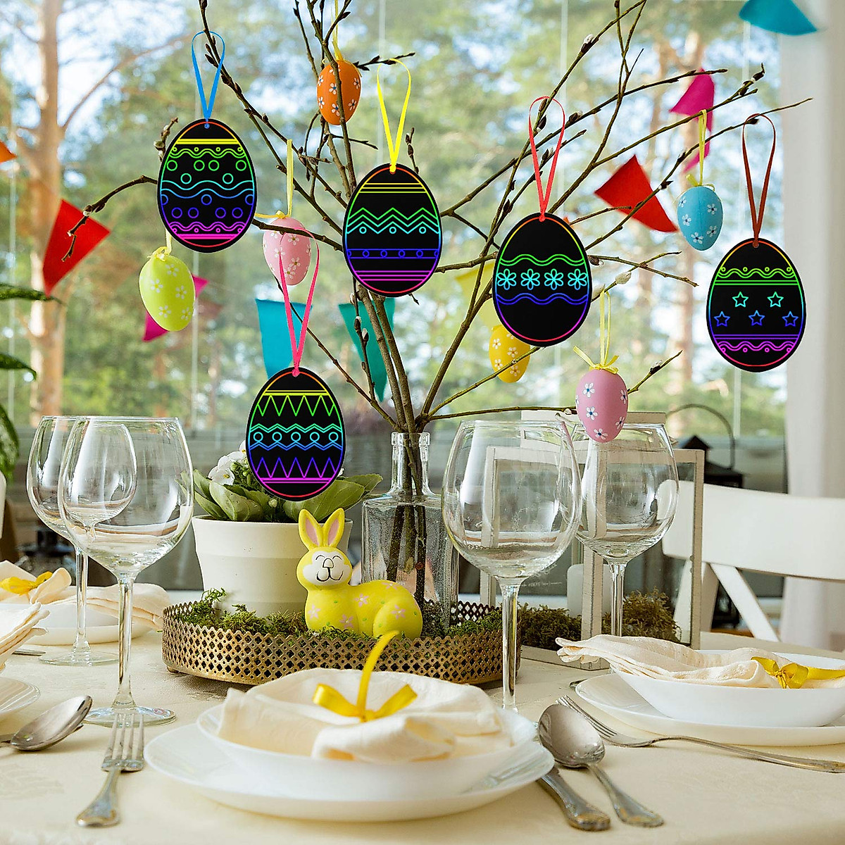 48 Pieces Scratch Paper Easter Scratch Craft Art Easter Day Ornaments Colorful Scratch Easter Day Rainbow Cutouts with 48 Wooden Sticks and 48 Colorful Ribbons for Kids Church Class (Egg)