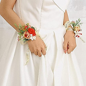 Campsis Wedding Bridal Handmade Wrist Flower Corsage Red Leave Ribbon Hand Flower Bride Bridesmaid Wristlet for Prom Party Beach Photography 2PCS