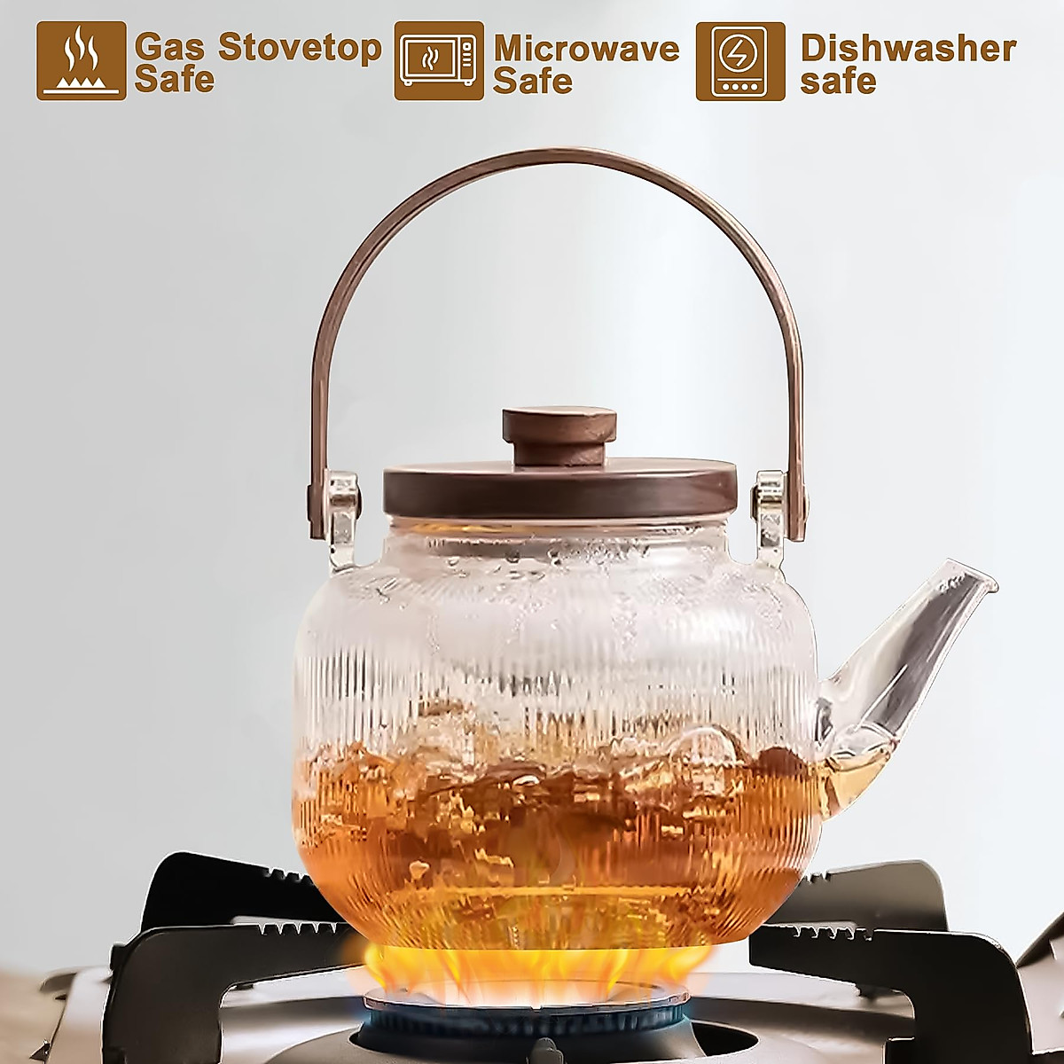1000ml(33.8oz) Glass Teapot Kettle with 2 Type Removable Infuser and Wooden Lid, Borosilicate Glass Tea Pot Gas & Electric Stovetop Safe, Tea Maker for Loose Leaf & Blooming Tea, 2 Way for Boiling Tea