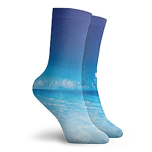 Landscape Funny Compression Socks Women and Men,Ocean Scenery Deep Sea Beach Hot Summer Themed Photo,Best for Circulation,Running,Athletic,Nurse,Travel,Turquoise Light Blue And Dark Blue -12 inch