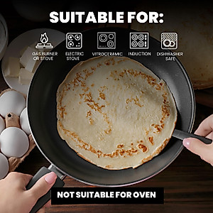 Machika Crepe Pan | Non-Stick Pancake Pan with Large Handle | Omelette Pan Nonstick | Perfect for Tortilla, Pita Bread, and Pizza Recipes | Flat Skillet Compatible with All Stoves | Black | 11”