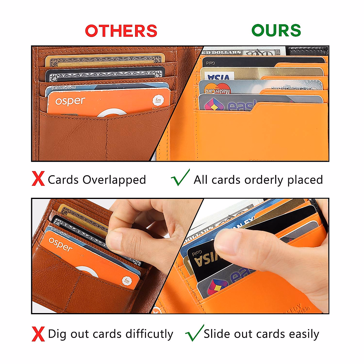 Calfskin Slim Wallets For Men RFID Blocking Leather Minimalist Front Pocket Mens Bifold Wallet Easy Access Ladder Card Slots (Black)