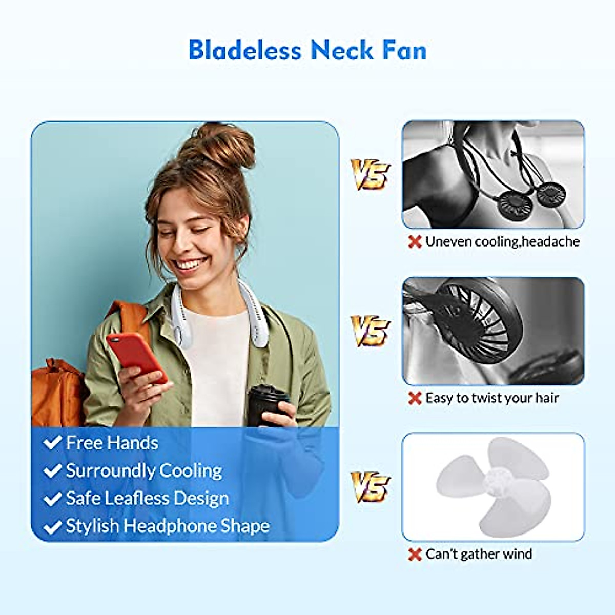 VANNPOOY Neck Fan, Bladeless Neck Fans for Women, Hands Free Neck Fans Portable Rechargeable Personal Cooling Fan for Neck - 3 Speeds, Strong Wind, 360° Cooling, Short Charging, Long Use Time (WHITE)