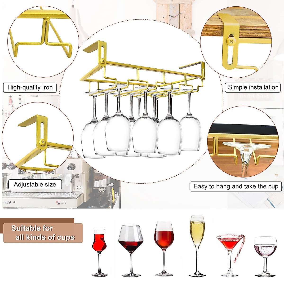 AUHOKY Adjustable Wine Glass Holder Under Shelf, Nail Free Metal Stemware Holder Storage Hanger, Hanging Wine Glasses Rack Organizer Under Cabinet Mount for Bar Kitchen (4 Rows, Gold)