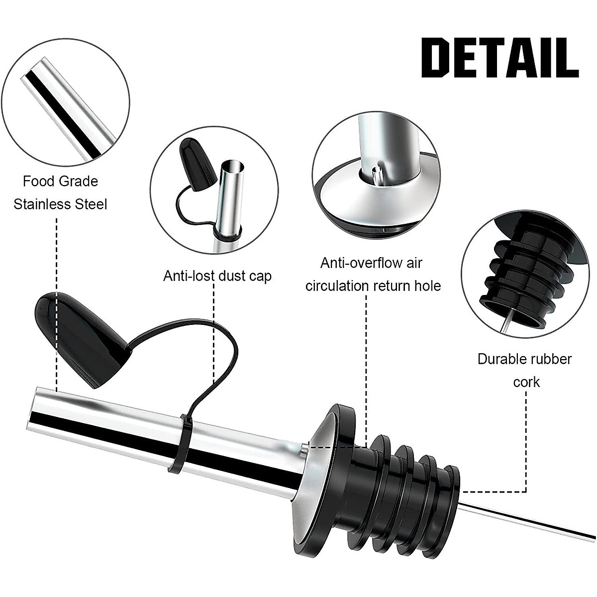 16PCS Liquor Pourers, Stainless Steel Liquor Bottle Pourers Tapered Spout with Rubber Dust Caps, with 8pcs Cleaning Brush, Suitable for About 3/4" Bottle Mouth