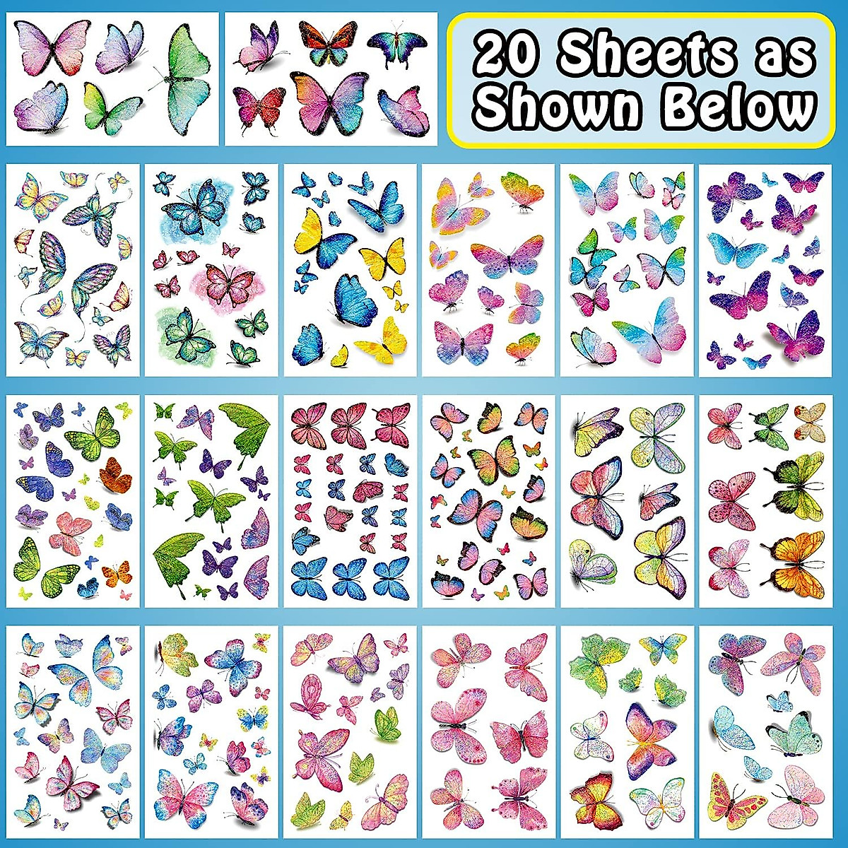 Leesgel 260 Style (20Sheet) Butterfly Temporary Tattoos for Kids, Glitter Butterfly Tattoos for Girls Birthday Party, Butterfly Party Decorations Supplies