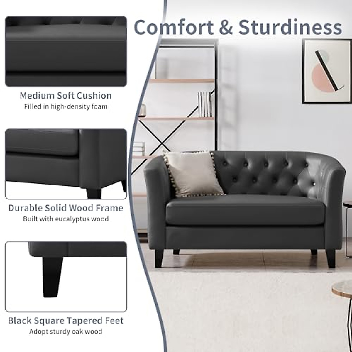 Husbedom 50 Inches Loveseat, Small Air Leather Couch for Small Spaces, Mini Sofa with Button Tufted Décor for Bedroom, Love Seats Furniture, Living Room, Bedroom, Apartment, Dorm, Dark Gray