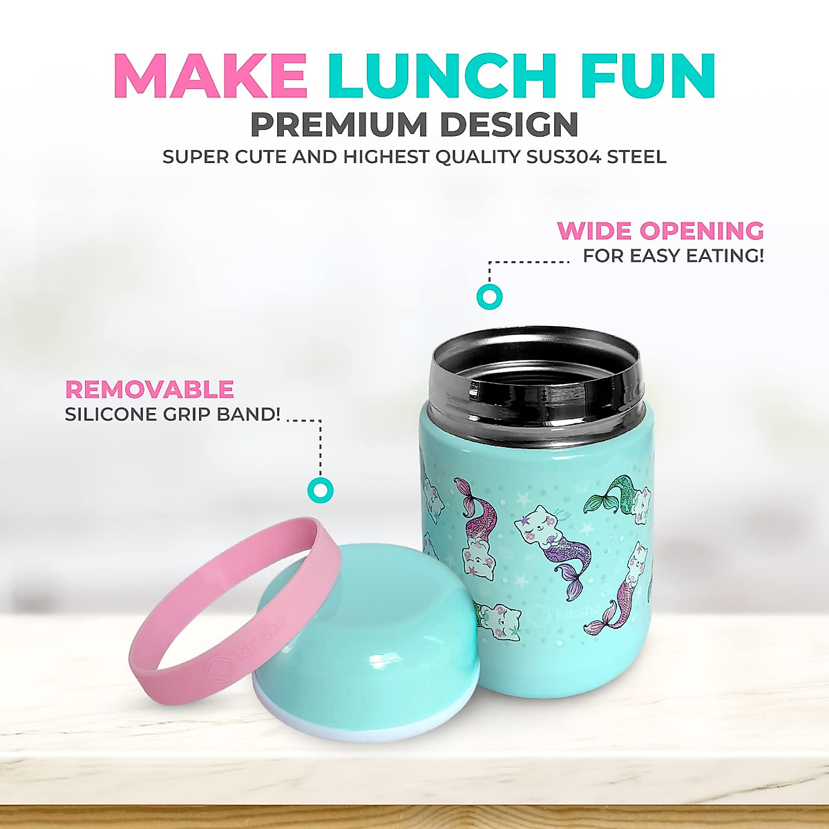 Kids Thermo for Hot Food Soup Lunch, Insulated Stainless Steel Wide Mouth Jar, Container for Toddler Girls Day-care Pre-School, Leakproof Easy Grip Thermal Vacuum Seal 10 oz 300 ML, Mermaid Cat Aqua