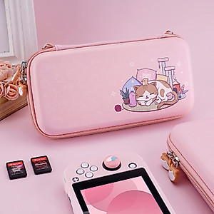 eXtremeRate PlayVital Pink Cute Carrying Case for Nintendo Switch Lite, Thumb Grip Caps + Kitten & Chicken Slim Travel Case for Switch Lite, Portable Hardshell Girl Storage Bag Game Accessories