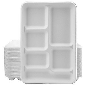 Bekith 60 Pack 6-Compartment Disposable Paper Plate, 100% Compostable Bagasse School Lunch Tray, Heavy-Duty Sectional Plates Eco-Friendly Made of Sugar Cane Fibers