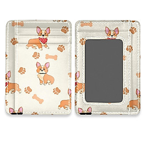 Linomo Thin leather Card Holder and Money Clip Corgi Dog Paws Print Wallet RFID Blocking for Men & Women