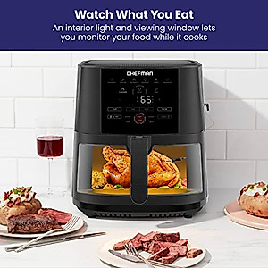 Chefman Air Fryer 8 Qt with Probe Thermometer, 8 Preset Functions, 1-Touch Digital Display Compact Cooker, Extra Large Nonstick Square Air Fryer Basket with Window, Dishwasher-Safe Parts, Black