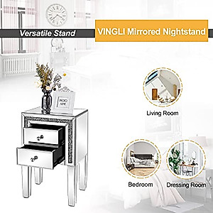 VINGLI Mirrored Nightstand Set of 2 Silver Glass Sofa/Couch Side Tables Bedroom End Tables with Storage, 24.8 inch Tall