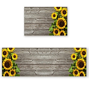 Kitchen Rugs and Mats Non Slip Cushioned Anti Fatigue Machine Washable 2 Pieces Rug Set Kitchen Mats for Floor,Sunflower on Stripe Grey Old Wooden Board (15.7"x23.6"+15.7"x47.2" inches)