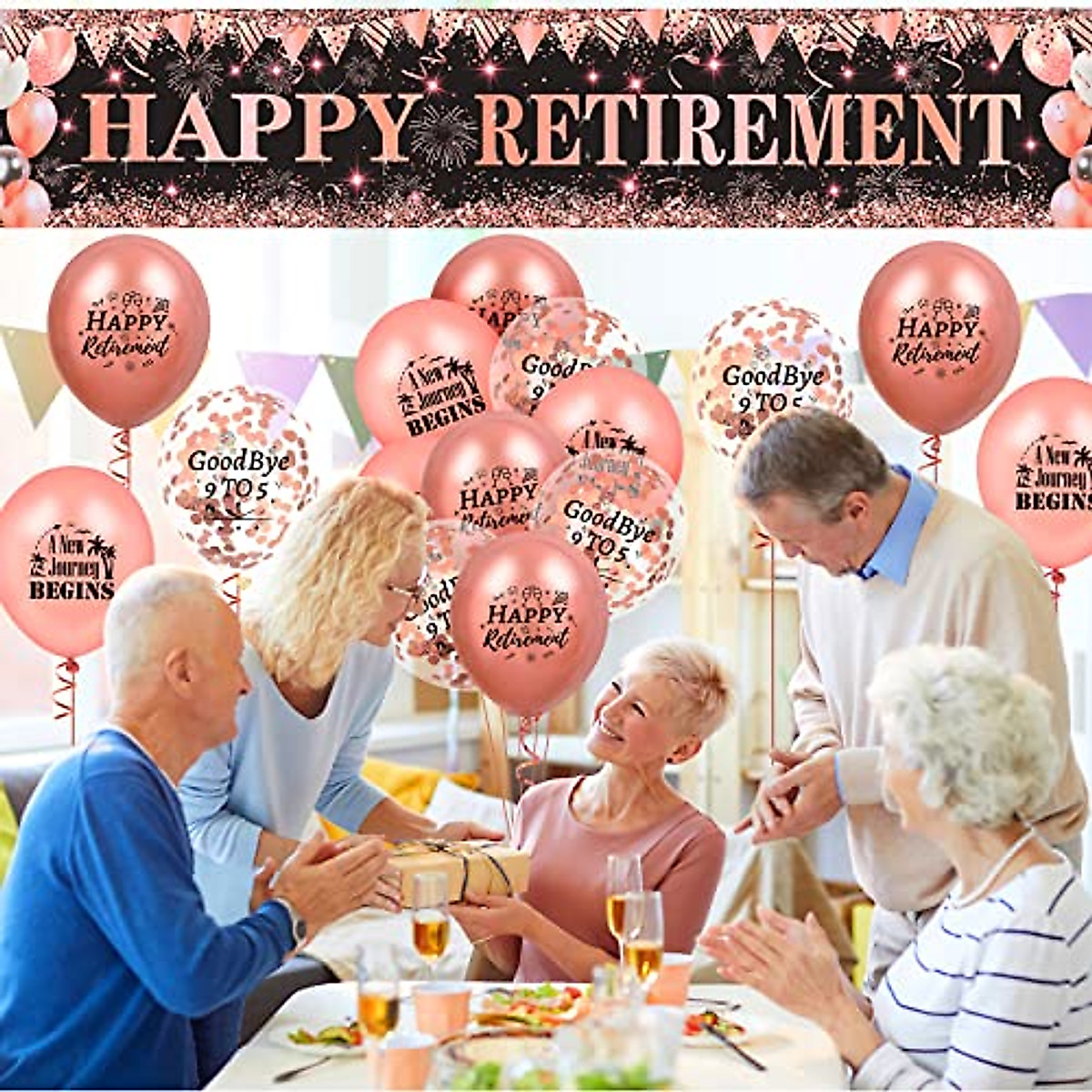 Happy Retirement Decorations for Women Large Rose Gold and Black Happy Retirement Banner Yard Sign with 18Pcs Rose Gold Retirement Balloons for Women Men Retirement Farewell Anniversary Party Supplies