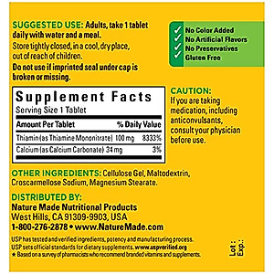 Nature Made Vitamin B1 100 mg, Dietary Supplement for Energy Metabolism Support, 100 Tablets, 100 Day Supply