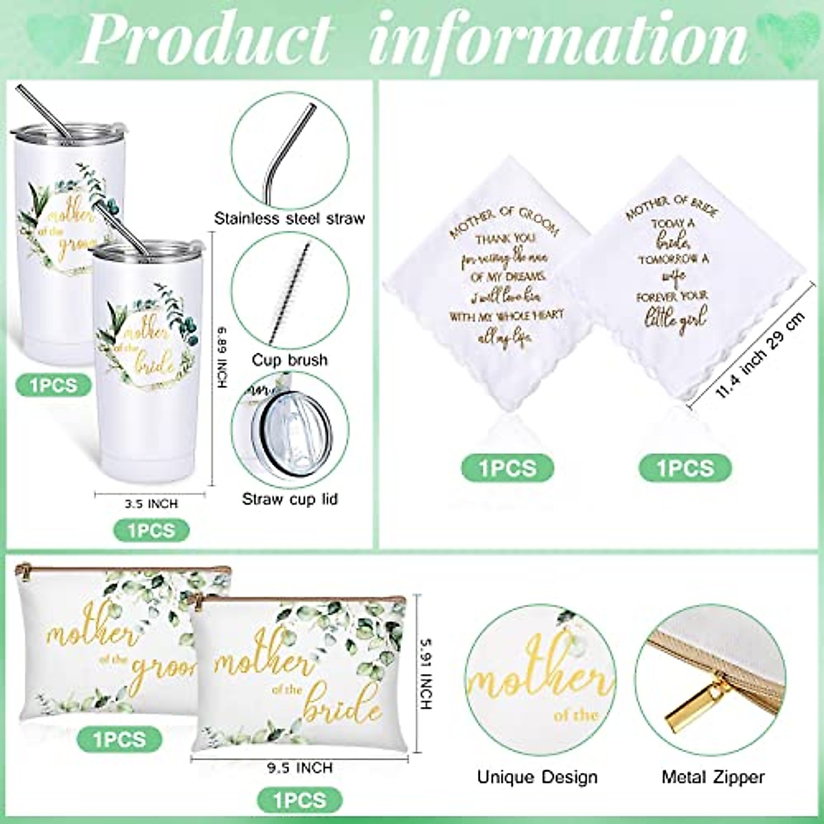 6 Pack Mother of the Groom Mother of the Bride 20 oz Mug Tumblers Cup Wedding Gifts Mother of Bride and Groom Makeup Bag Mom Cosmetic Bag Handkerchief for Mother for Wedding Engagement Favor Gifts