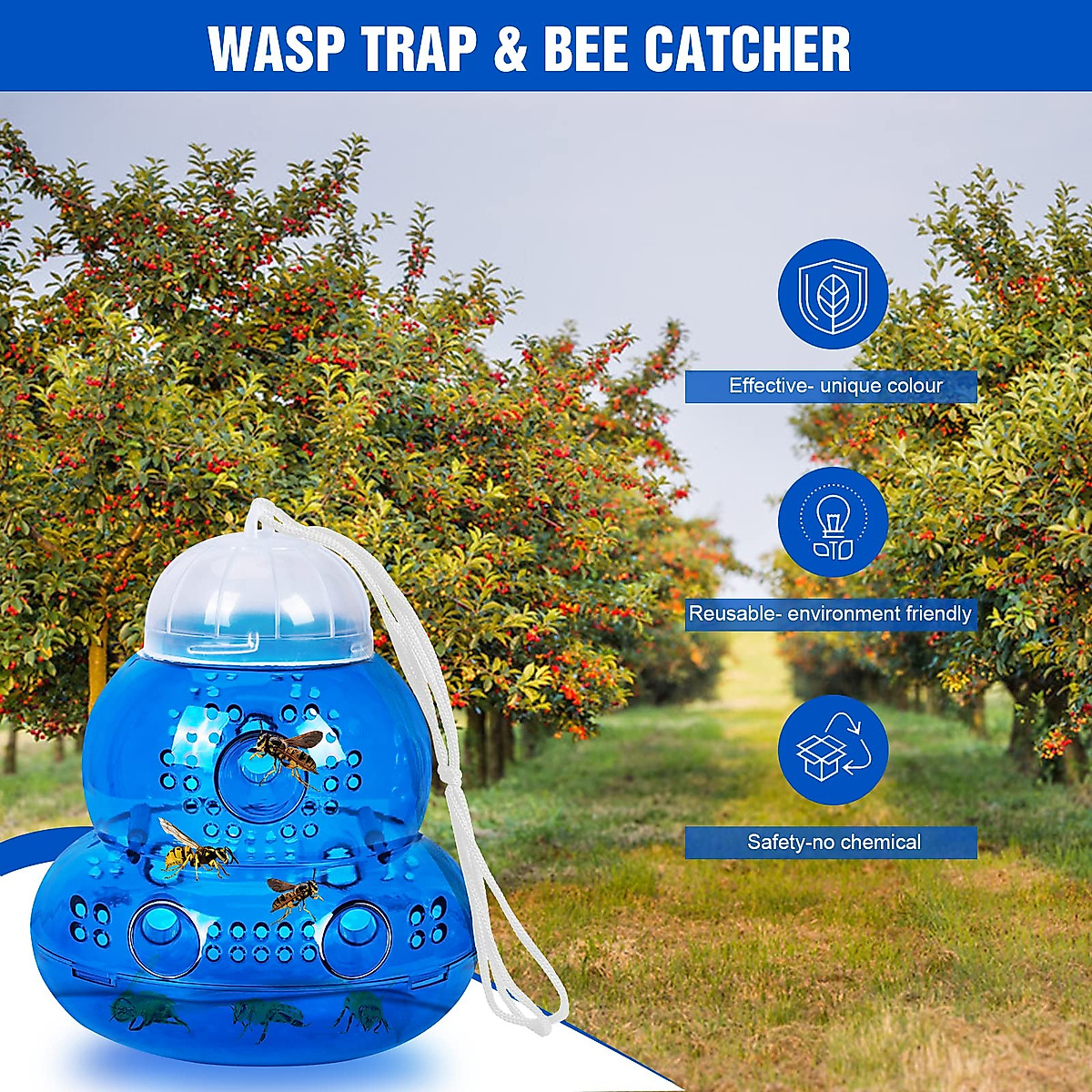 4 Pack Wasp Trap, Hornet Trap Outdoor, Bee Catcher for Outside, Yellow Jacket Killer Hanging, Fly Insect Killer, Yellow & Orange & Green & Blue