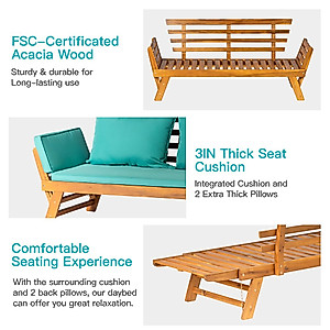 Panana Acacia Wood Convertible Couch Sofa Bed Adjustable Armrest Folding Daybed Collapsible Chaise Lounge w/Cushions Outdoor Loveseat for Garden Patio Poolside Turquoise