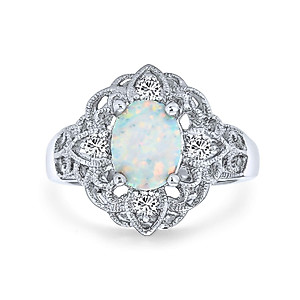 Bling Jewelry Vintage Style Cubic Zirconia Ornate Filigree Oval Flower White Created Opal Boho Full Finger Ring .925 Sterling Silver