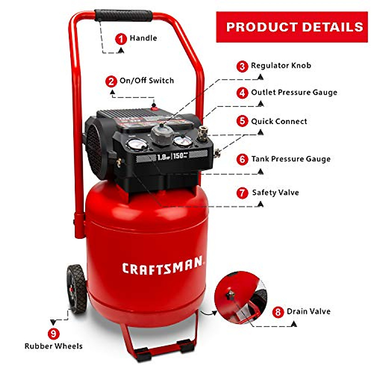 Craftsman Air Compressor, 10 Gallon Peak 1.8 Horsepower Oil-free Compressor, Max 150 PSI, Vertical Compressor Air Tools, Model: CMXECXA0331042, Red