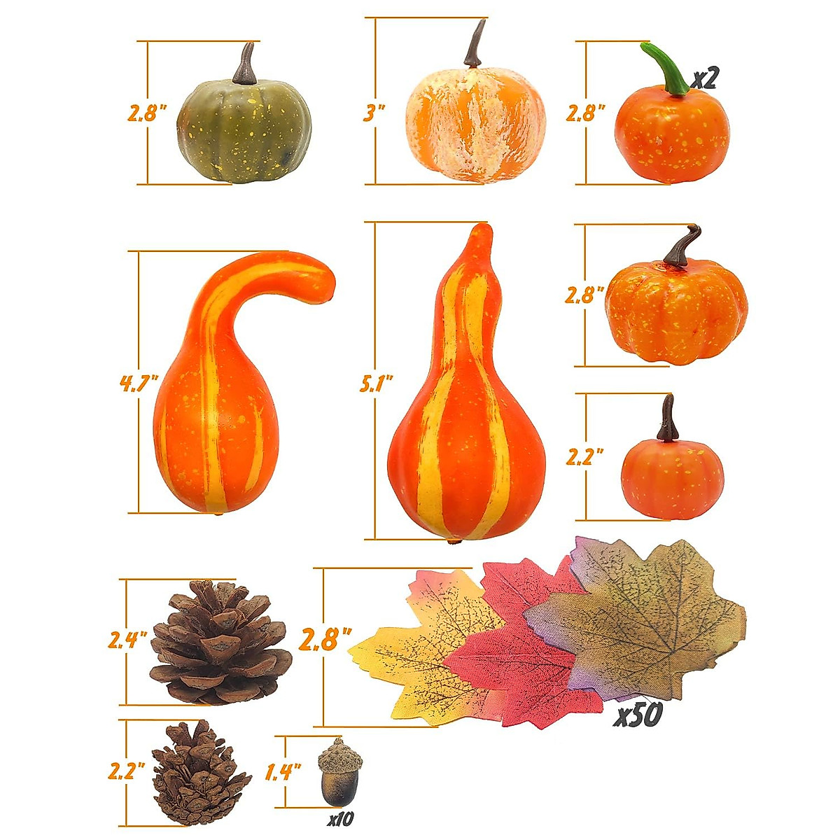 70PCS Fall Decor Artificial Pumpkins for Decorating, Foam Pumpkin Decor for Harvest Halloween Thanksgiving, Faux Pumpkin Decorations Set with 8 Fake Pumpkins+ 2 Pinecones+ 10 Pinecones+50 Fall Leaves