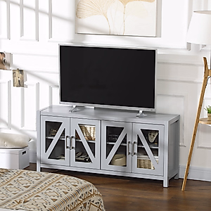 HOMCOM TV Cabinet Stand for TVs up to 58", Entertainment Center with Adjustable Shelves, 4 Glass Doors and 4 Cable Holes for Living Room, Gray