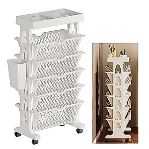 6 Tier Rolling File Cart, Book Rack Storage Bookshelf, Utility cart with Wheels Classroom Deskside Book Shelf for Students, Teachers, Documents Organizers and Storage Bookshelf (Color : Lvory White)