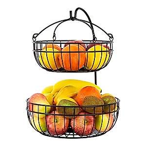 2- Tier Fruit Basket for Kitchen Counter, Homewill Fruit Basket with Banana Hanger, Hanging Wire Fruit Vegetable Basket Bowls Storage for Countertop