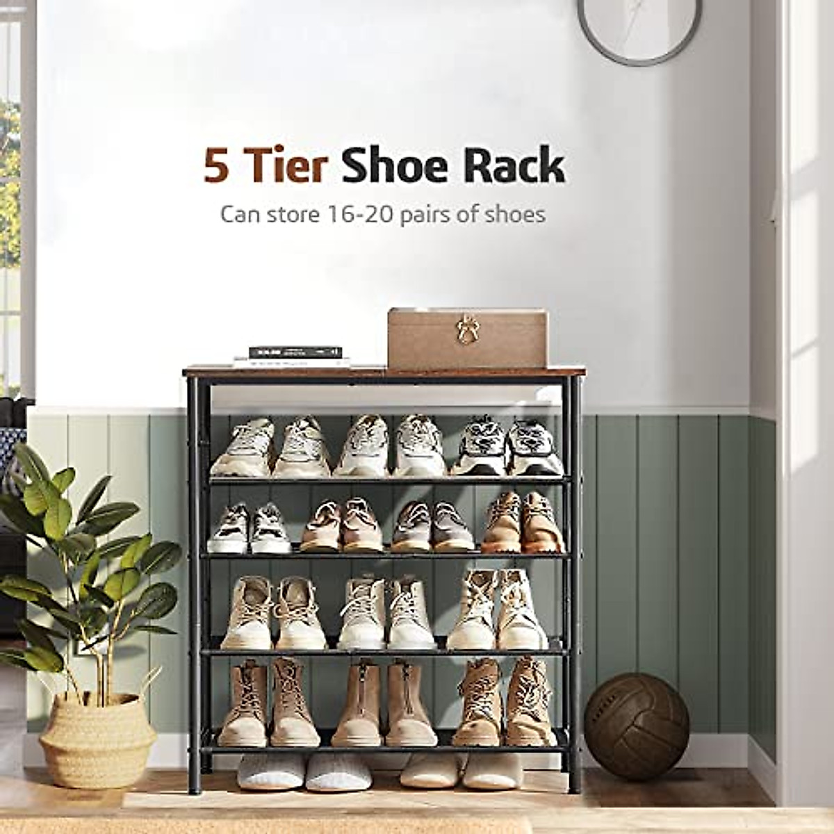 TUTOTAK Shoe Rack 5 Tier, Narrow Shoe Organizer for Closet Entryway, with 4 Fabric Shelves and Top for Bags, Shoe Shelf, Steel Frame, Industrial, Rustic Brown and Black SR01BB022
